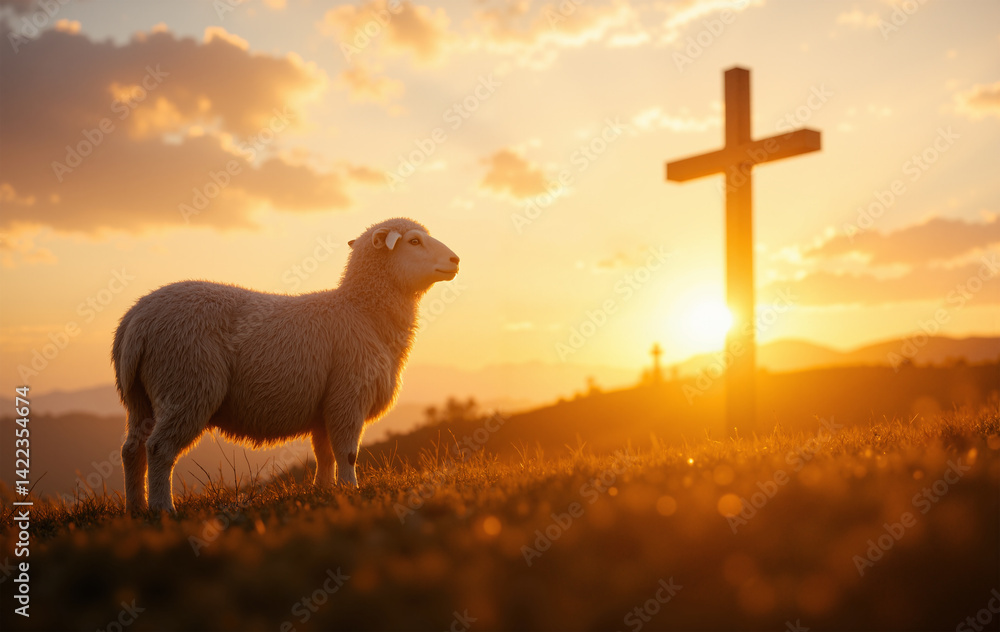 Concept of resurrection of Jesus Christ lamb of God in front with cross ...