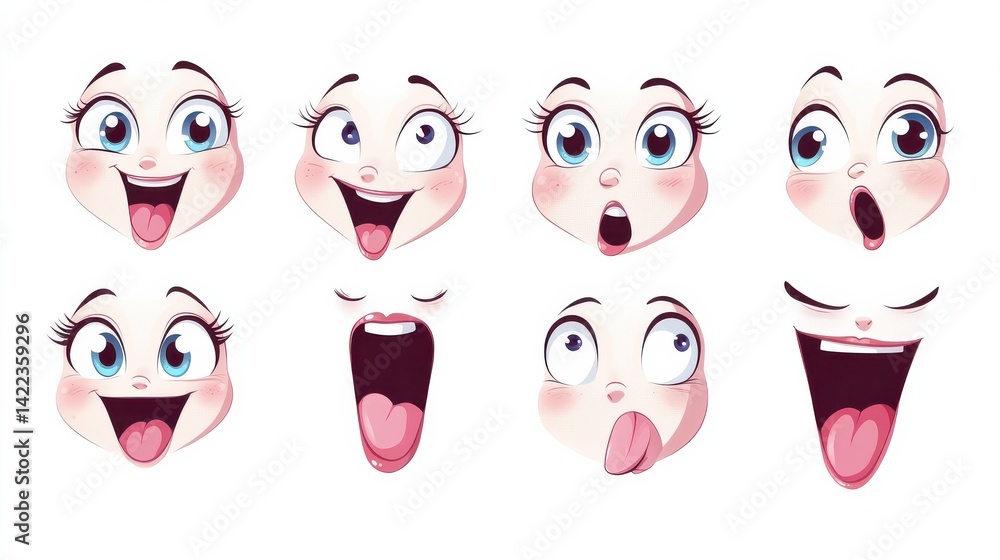 Cartoon face expressions. Happy surprised faces, doodle characters ...
