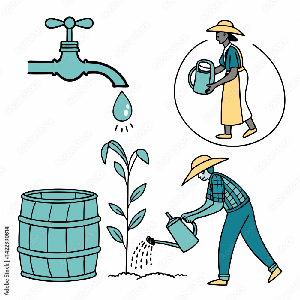 Cartoon Vector Illustration Of Farmers Watering Plants With Rainwater ...