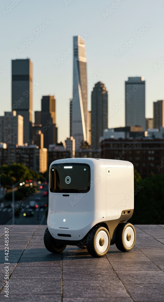 White autonomous delivery robot on city street. Future transportation ...