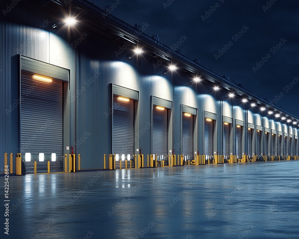 Exterior of Warehouse Building at Night with Multiple Loading Docks ...