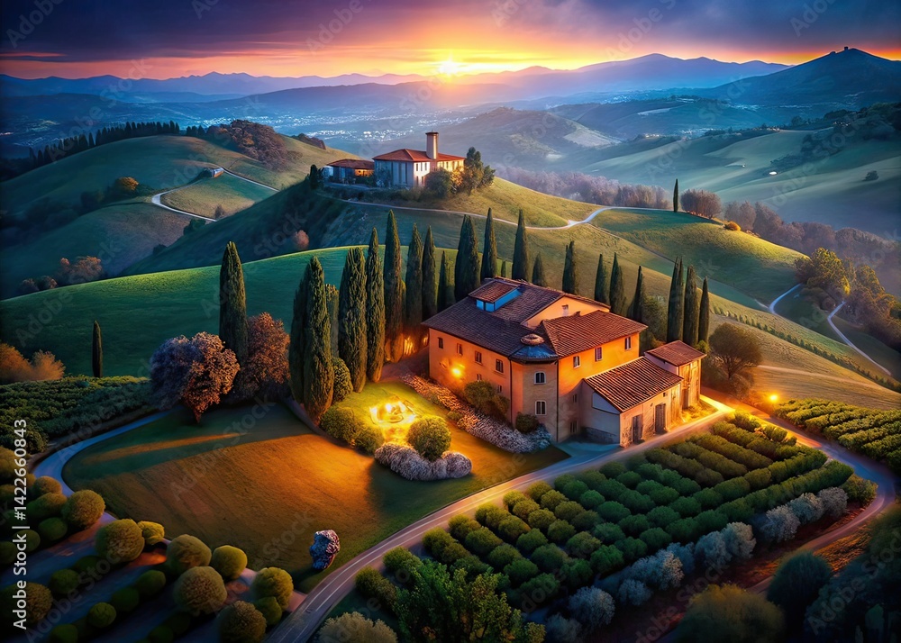 Italian Farmhouse Drone Photography AI Art - Cassetta di Campagna Stock ...