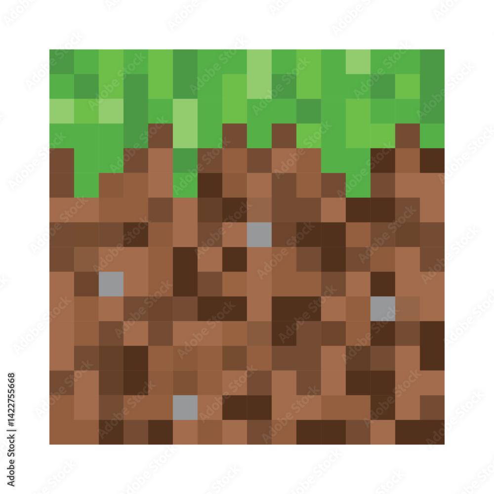 Pixel art grass and dirt block isolated on white. Ground texture game ...