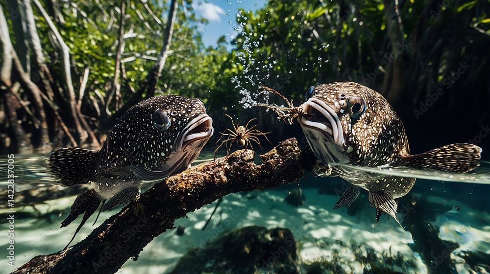Archerfish spitting water knock a spider off a mangrove branch Stock ...