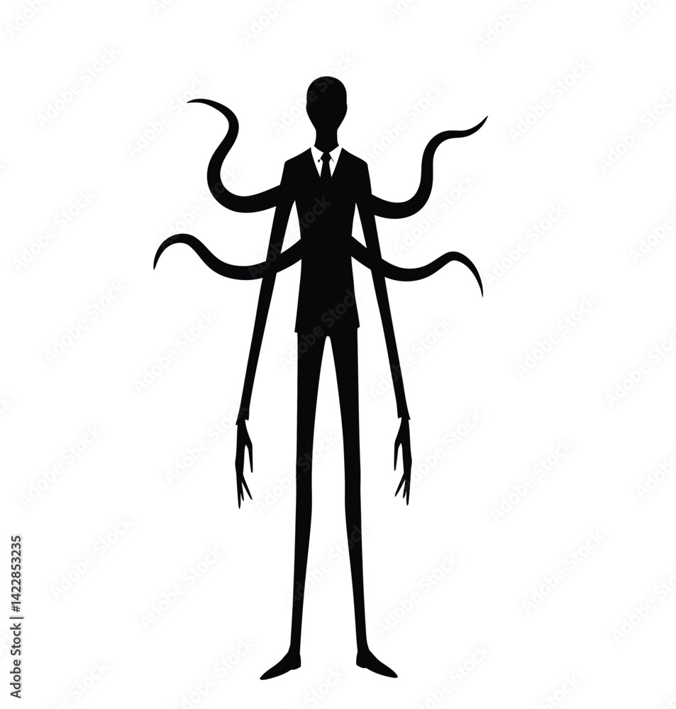 Slender man silhouette. This image shows a faceless humanoid figure ...