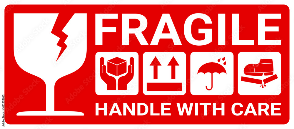 sticker fragile handle with care, red fragile warning label with broken ...