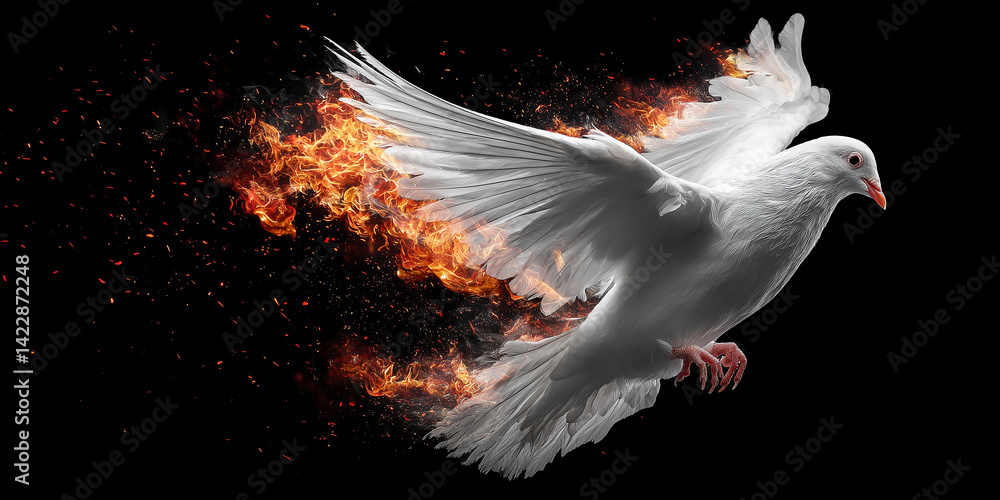 White dove with flaming wings soaring against black background, hyper ...