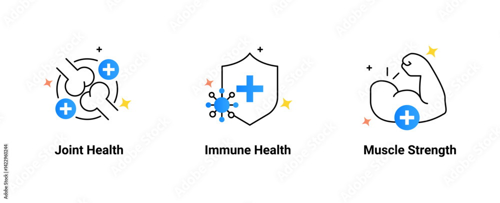 Health Support Icon Set – Joint Health, Immune Protection, and Muscle ...