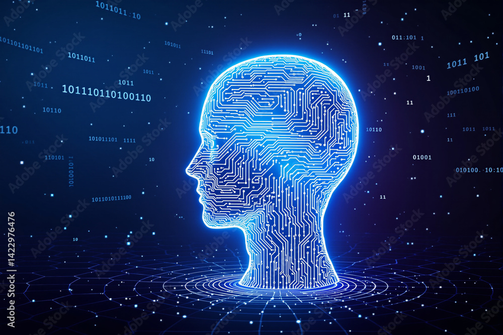 Glowing circuit human head outline made of blue lines with binary ...
