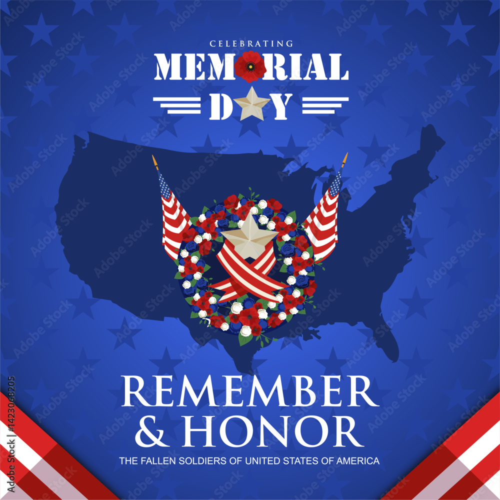 Memorial Day 2025 vector design with USA map, floral wreath, patriotic ...