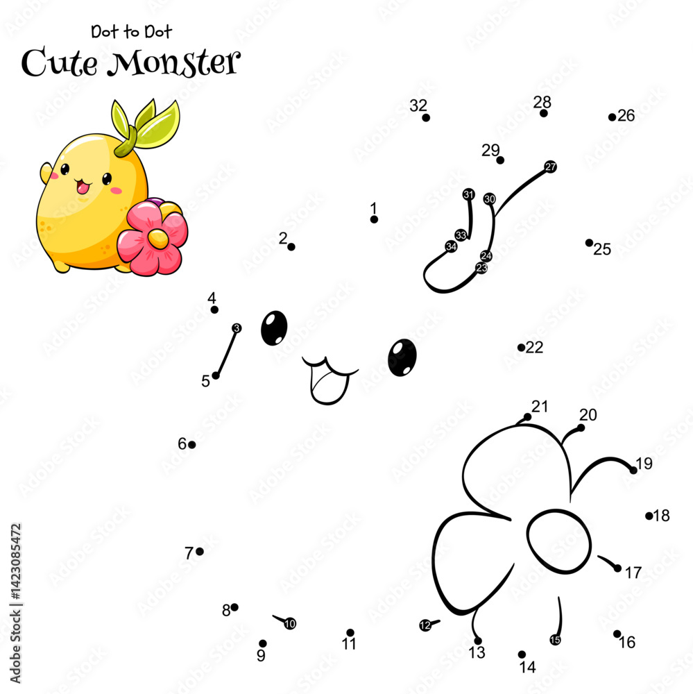 Connect The Dots and Draw Cute Little monster. Dot to dot puzzle with ...