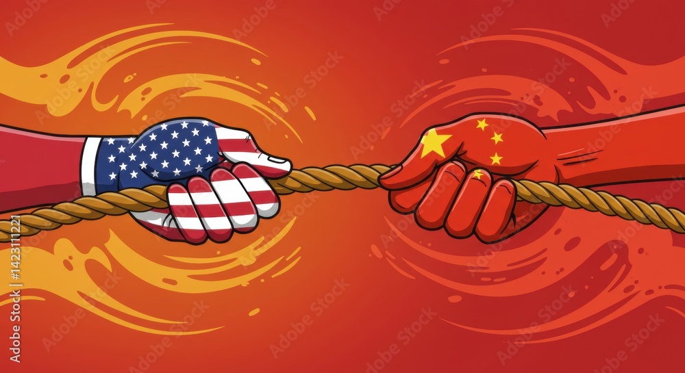 Global Tug-of-War: Nation-Themed Hands Grasping Rope Amidst Fiery ...