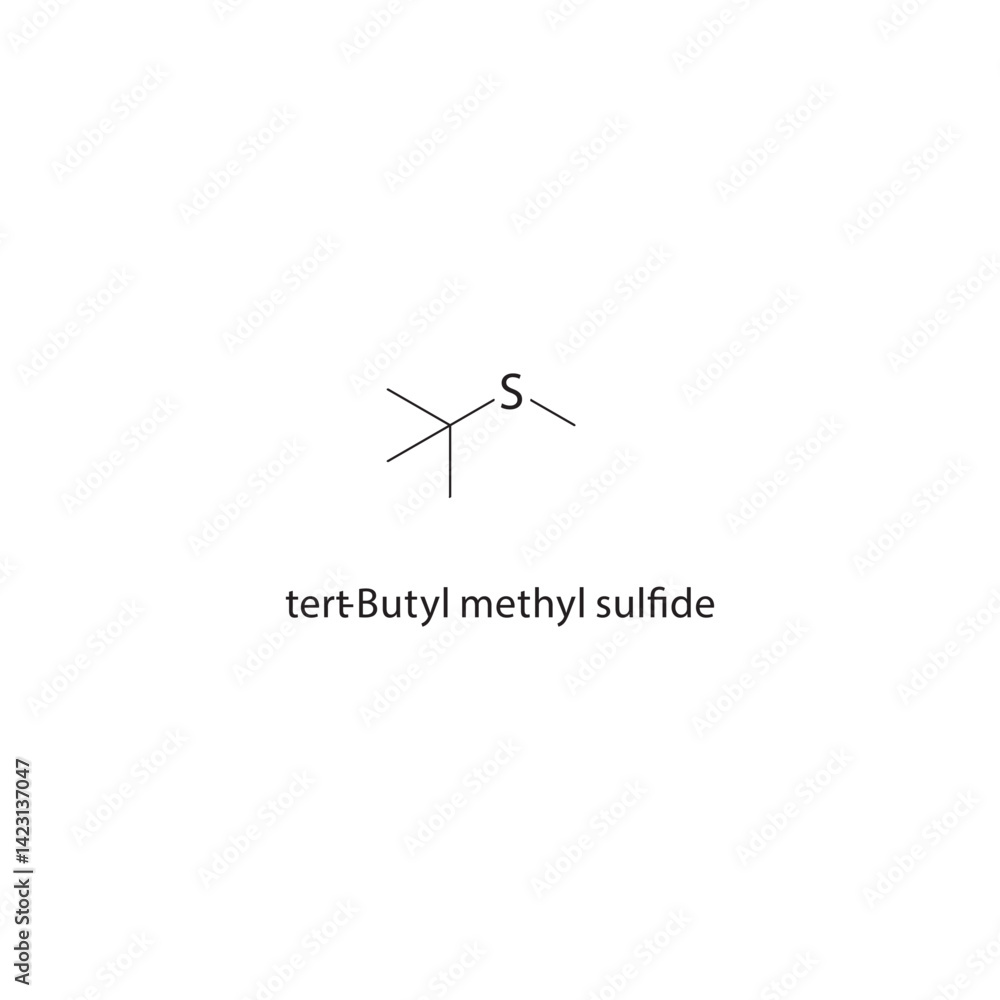 tert-Butyl methyl sulfide skeletal structure. Sulfide compound schematic illustration. Simple ...