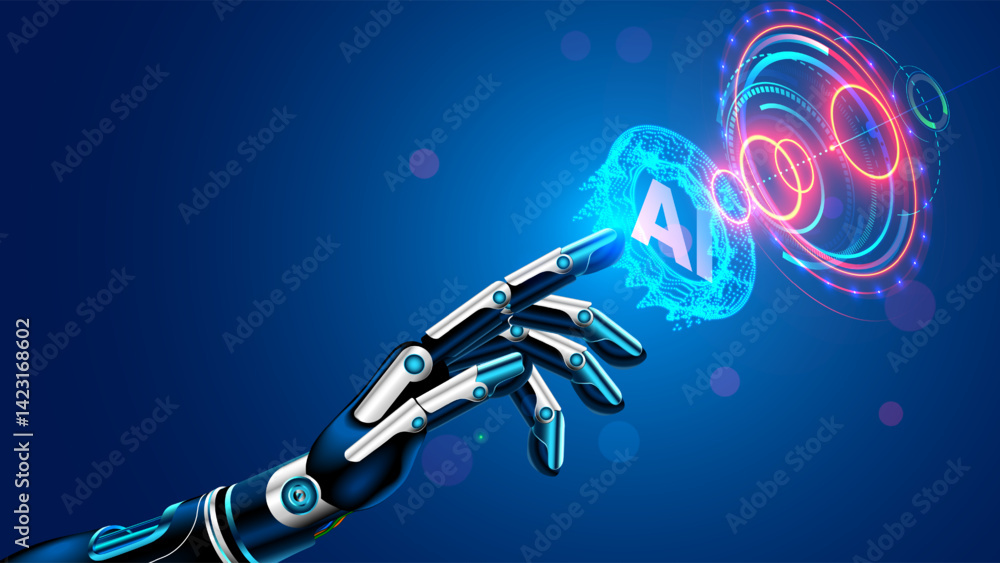 Robot arm with artificial intelligence presses a button with an AI logo ...