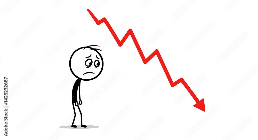 Stick figure looking despondent next to a stark red downward trending ...