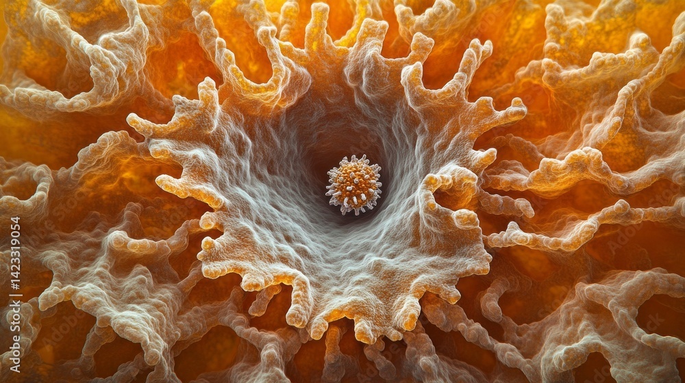 Microscopic view reveals a virus particle penetrating a cell, highlighting the intricate details ...