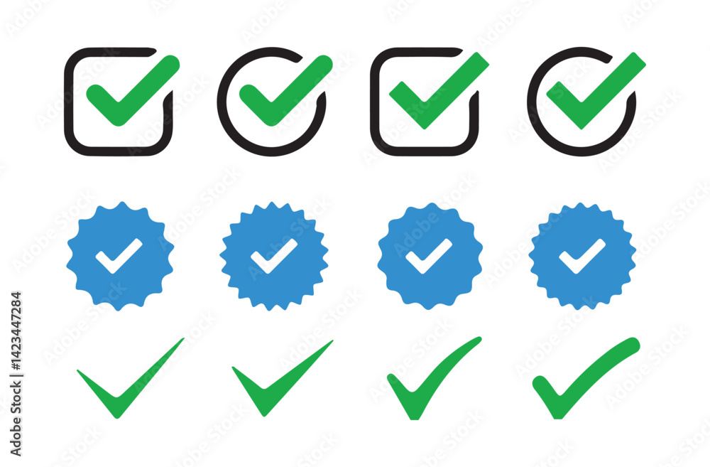 check mark and Verified badge vector icons collection. Green check mark ...