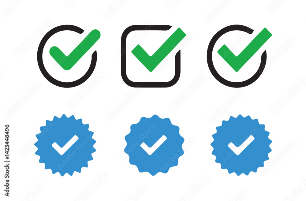 check mark and Verified badge vector icons collection. Green check mark ...