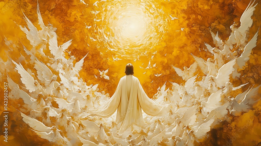 Jesus in glowing white robes, standing amid a chorus of angels forming ...