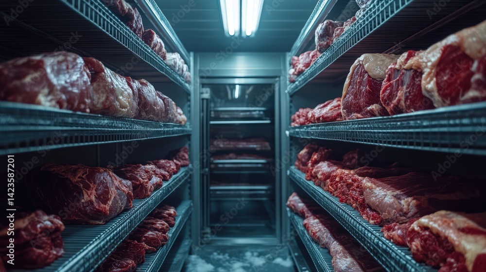 Fresh cuts of meal stored neatly on shelves in a cold storage facility ...