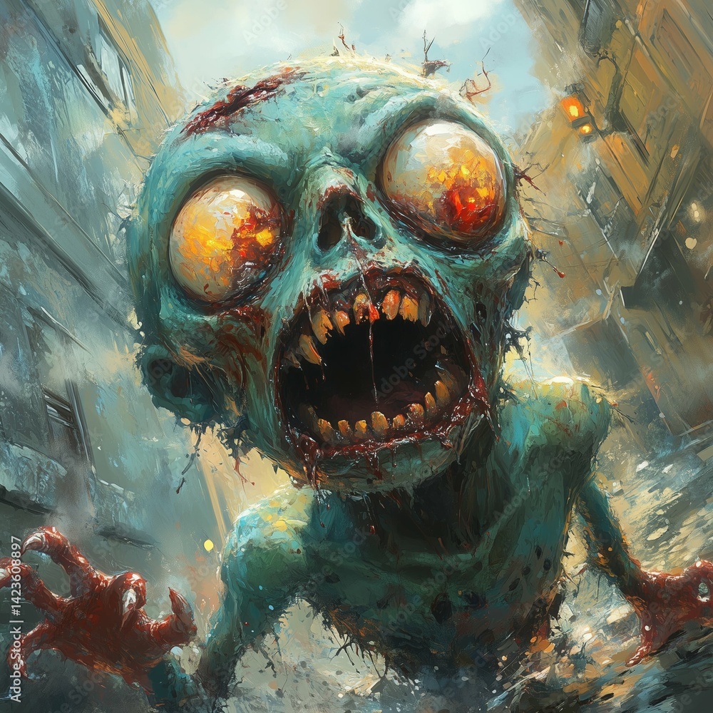 Cartoon zombie with big bulging eyes, excited expression, and sharp red ...