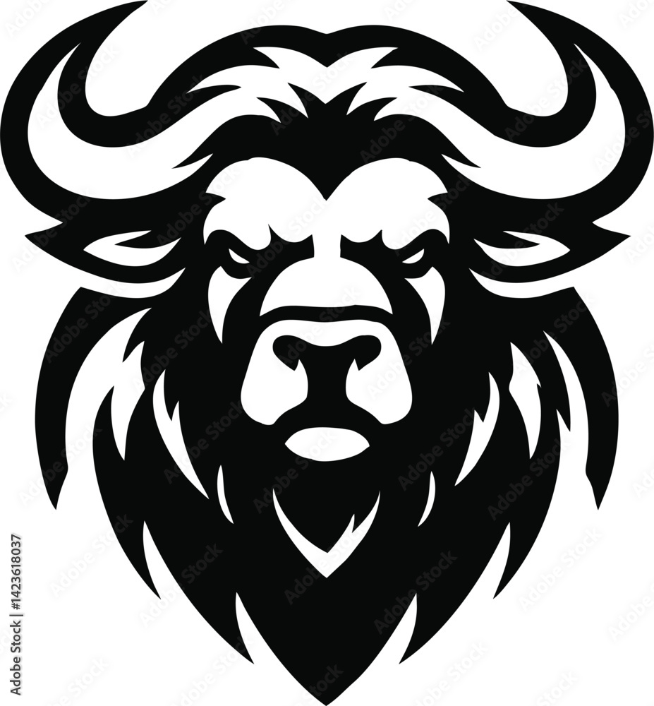 Fierce tribal buffalo head design in bold black lines, featuring ...