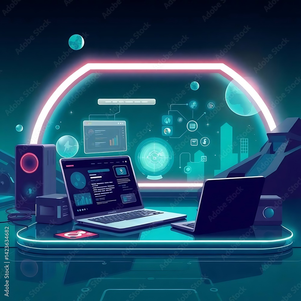 Big data, digital technology, internet network connection, futristic technology background. Man ...