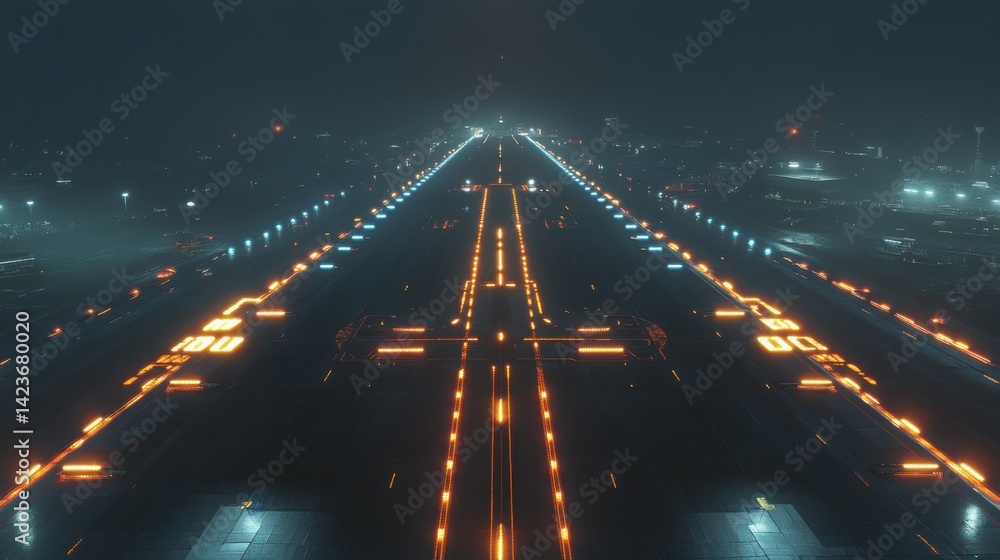 Nighttime view of a runway with illuminated markings and no aircraft ...