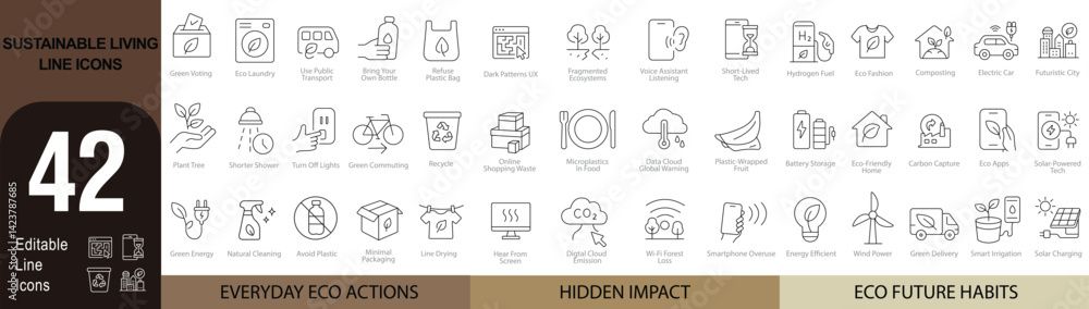Sustainable Living Line Icons – 42 Editable Vector Symbols for Eco ...