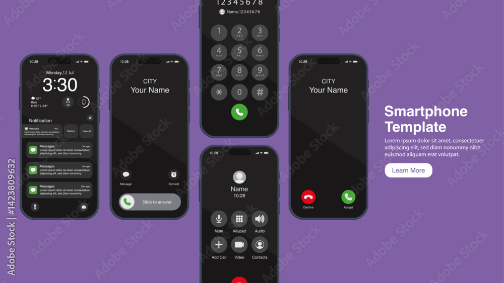 Smartphone UI Mockup with Incoming Call, Lock Screen, Dial Pad, and Notifications on Purple ...