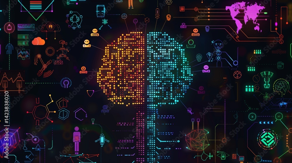 Abstract conceptual scene showing AI brain icon made of binary code ...