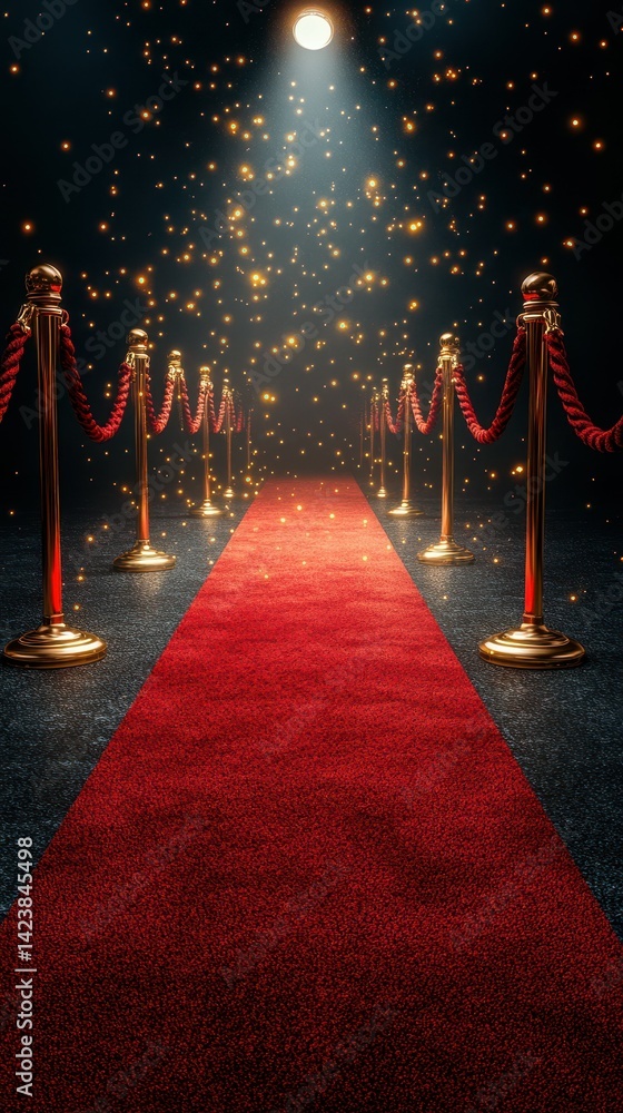 Red carpet pathway illuminated by spotlight and shimmering sparkles in ...