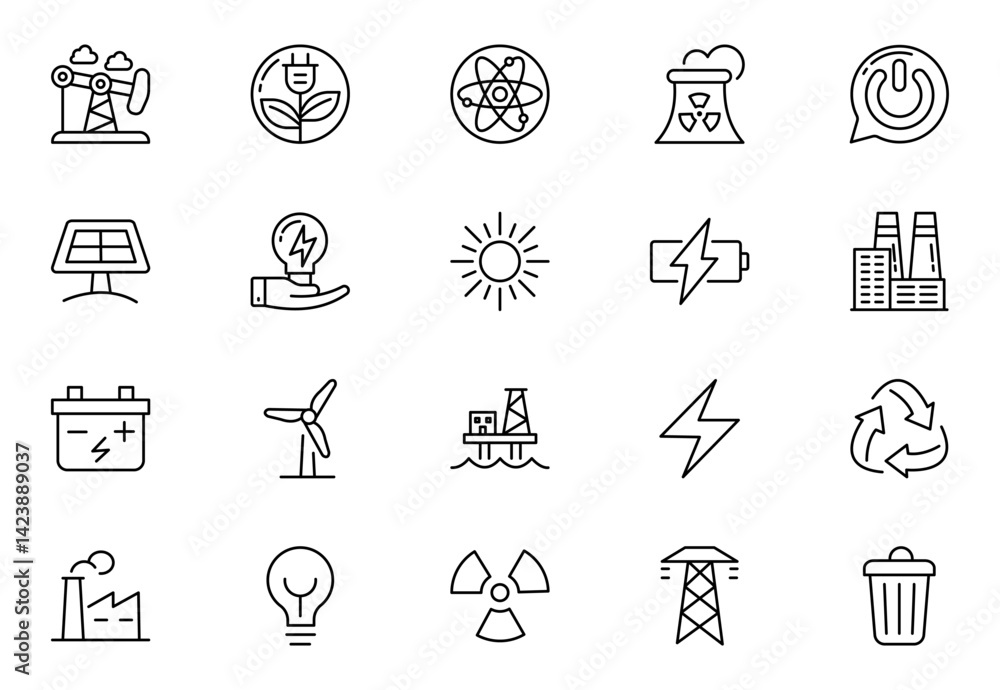 Stock-Vektorgrafik „Power energy line icons set. Energy generation ...