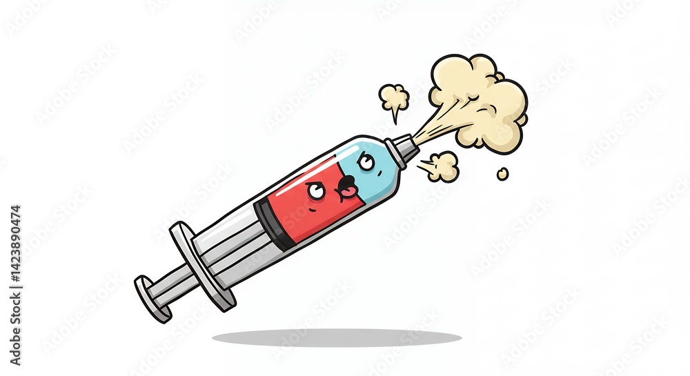 Cartoon syringe expelling smoke medical illustration healthcare comic ...