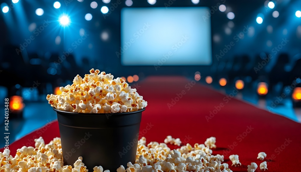 Cinematic setting with popcorn, red carpet, and blank screen. Stock ...