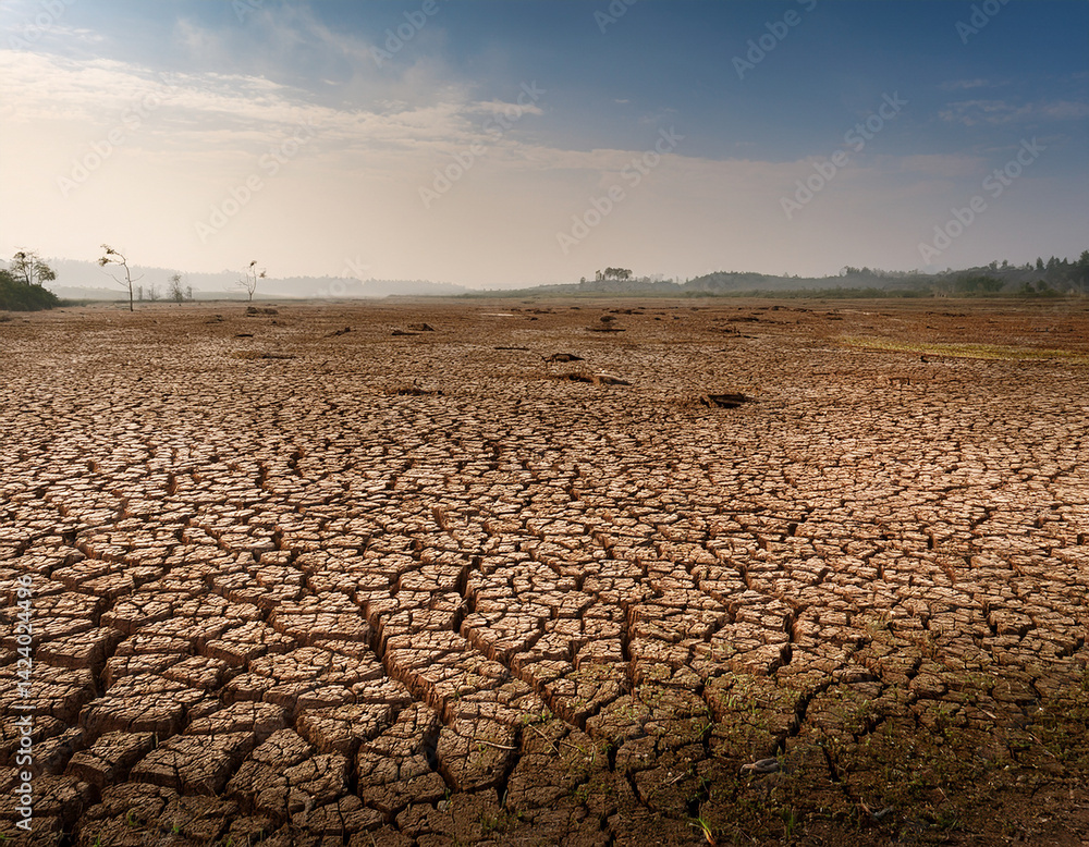 Barren land, stripped of vegetation and eroded, stretches under a hazy ...