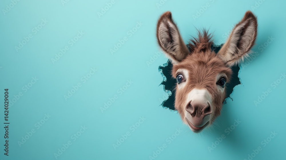 A playful donkey head emerges from a vibrant turquoise wall, showcasing ...