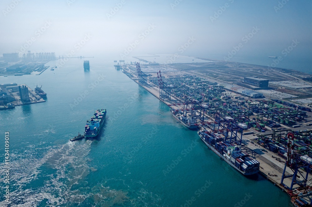 An aerial view of Taipei Port reveals rows of colorful shipping ...