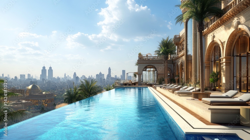 Luxurious rooftop infinity pool overlooking a city skyline. A lavish ...