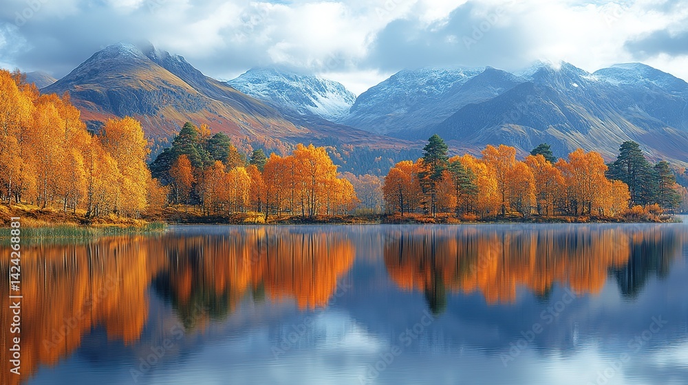 Autumnal lake scene with mirrored mountains. Vibrant fall colors ...