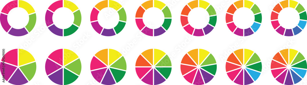 Vector de Stock Pie chart color icons. Circle pie chart diagram. Circle section graph. 5,6,7 ...