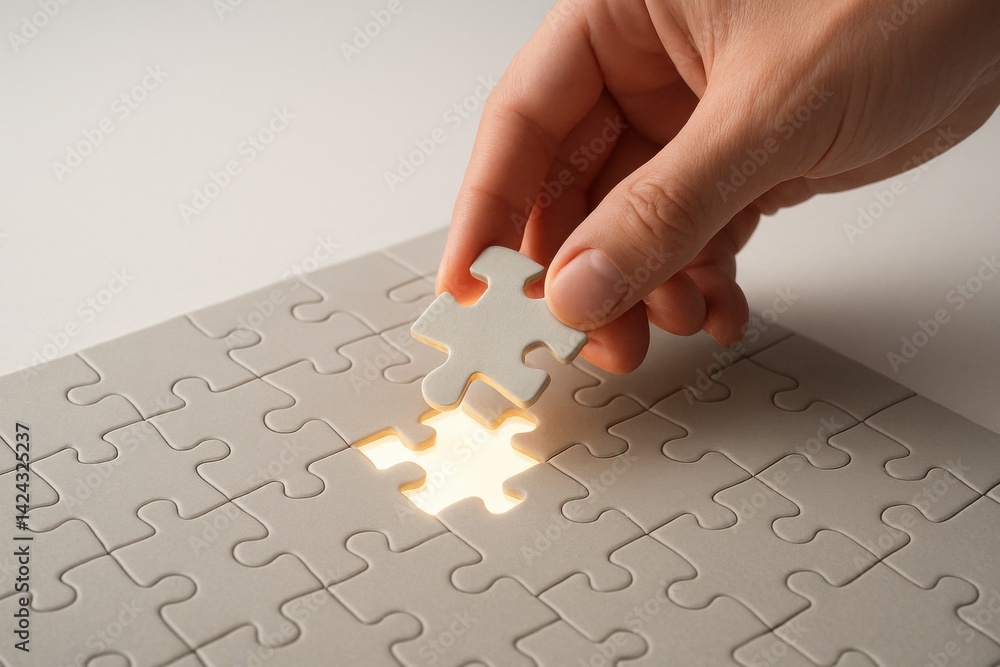 Solving the Puzzle: A hand meticulously places the final piece into a ...