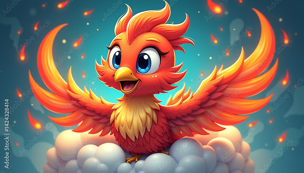 Cute baby phoenix bird flying with flames and cloud background Stock ...