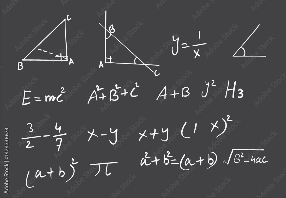 Chalkboard, mathematical equations, Handwritten formulas, Geometry ...