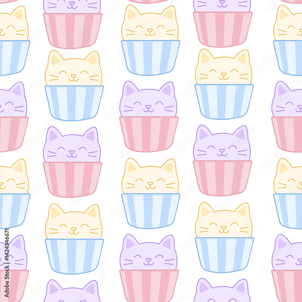 Seamless pattern of kawaii cat cupcakes in pastel striped wrappers on ...