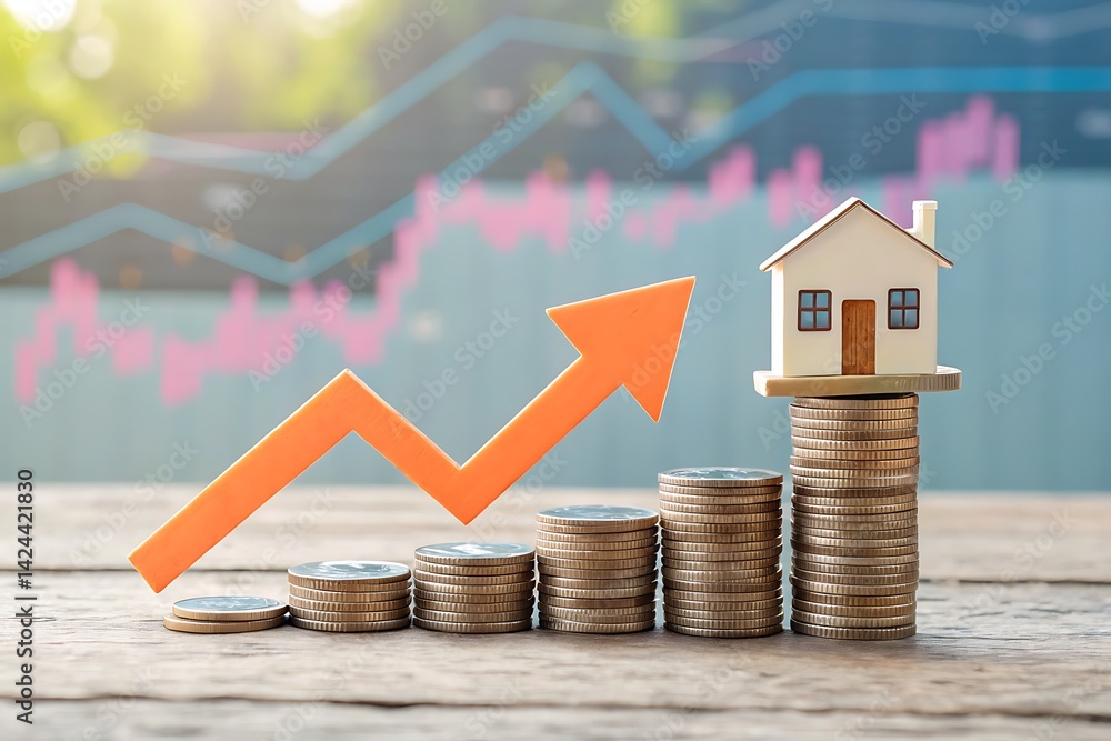 Ascending Coin Stacks, Orange Arrow, Tiny House on Pile, Candlestick ...