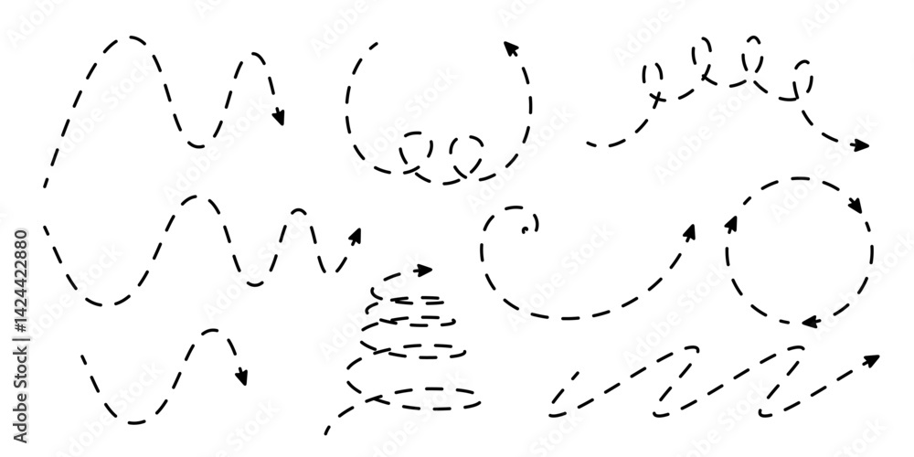 Set of loopy spiral dash arrows. Vector manga wavy lines with pointer ...