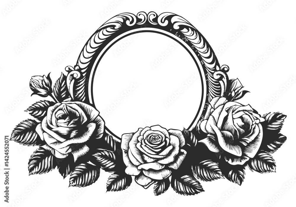 Classic vintage engraving-style floral frame with roses and leaves as ...