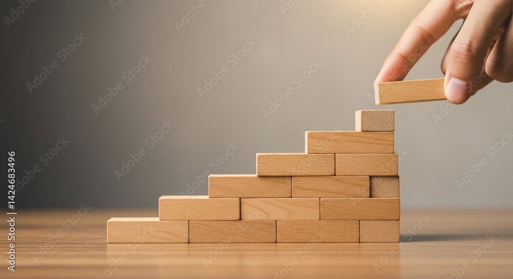 Building success Wooden blocks forming a staircase a hand adding the ...