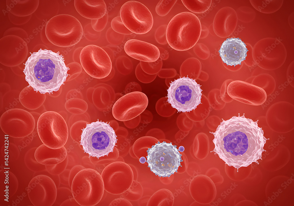 Microscopic view of blood cells Red blood cells, white blood cells ...